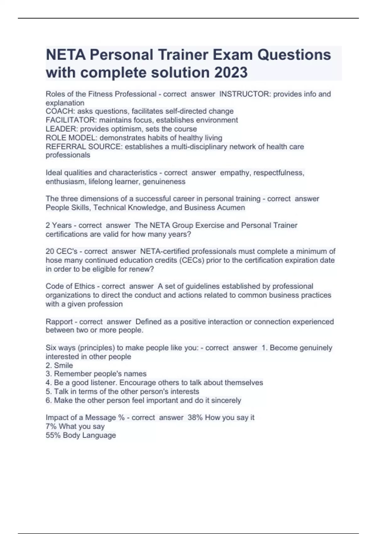 NETA Personal Trainer Exam Questions with complete solution 2023 - NETA ...