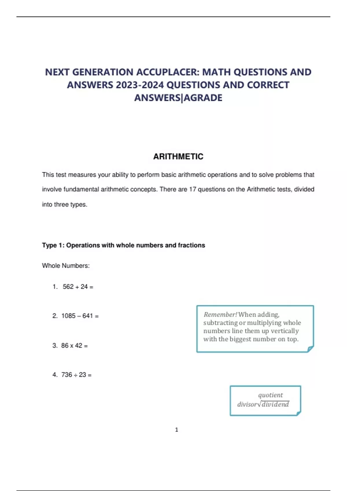 NEXT GENERATION ACCUPLACER: MATH QUESTIONS AND ANSWERS QUESTIONS AND ...