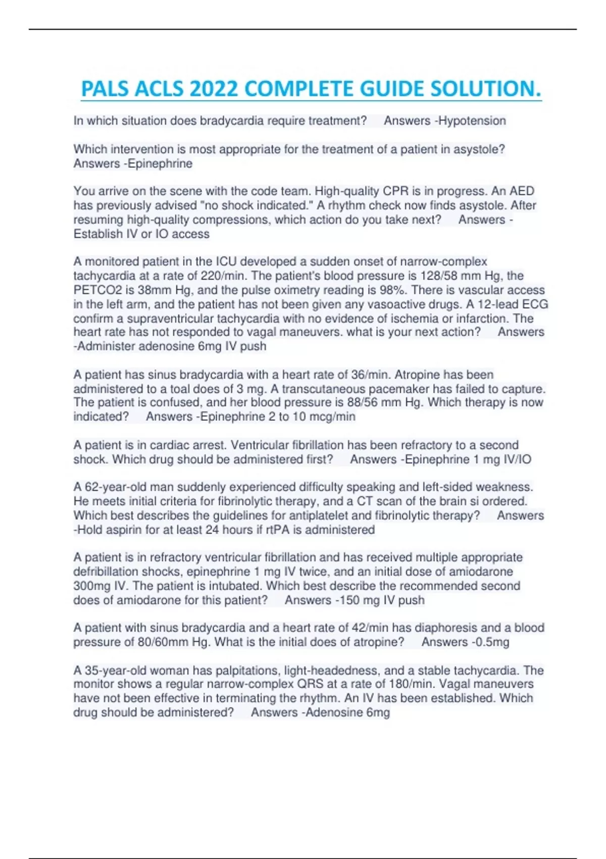 PALS ACLS 2022 COMPLETE GUIDE SOLUTION, RATED A. - PALS - Stuvia US