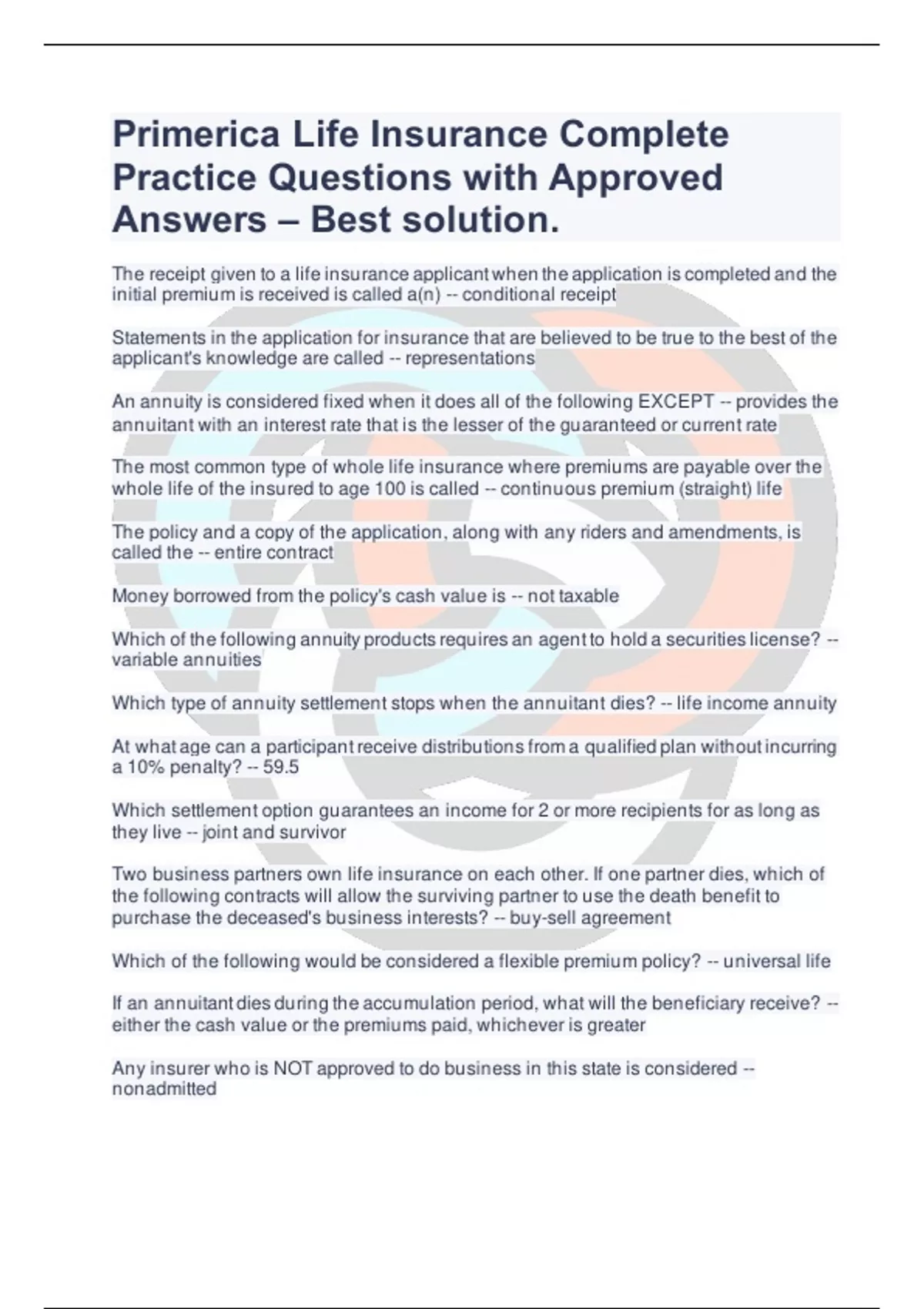 Primerica Life Insurance Complete Practice Questions with Approved ...
