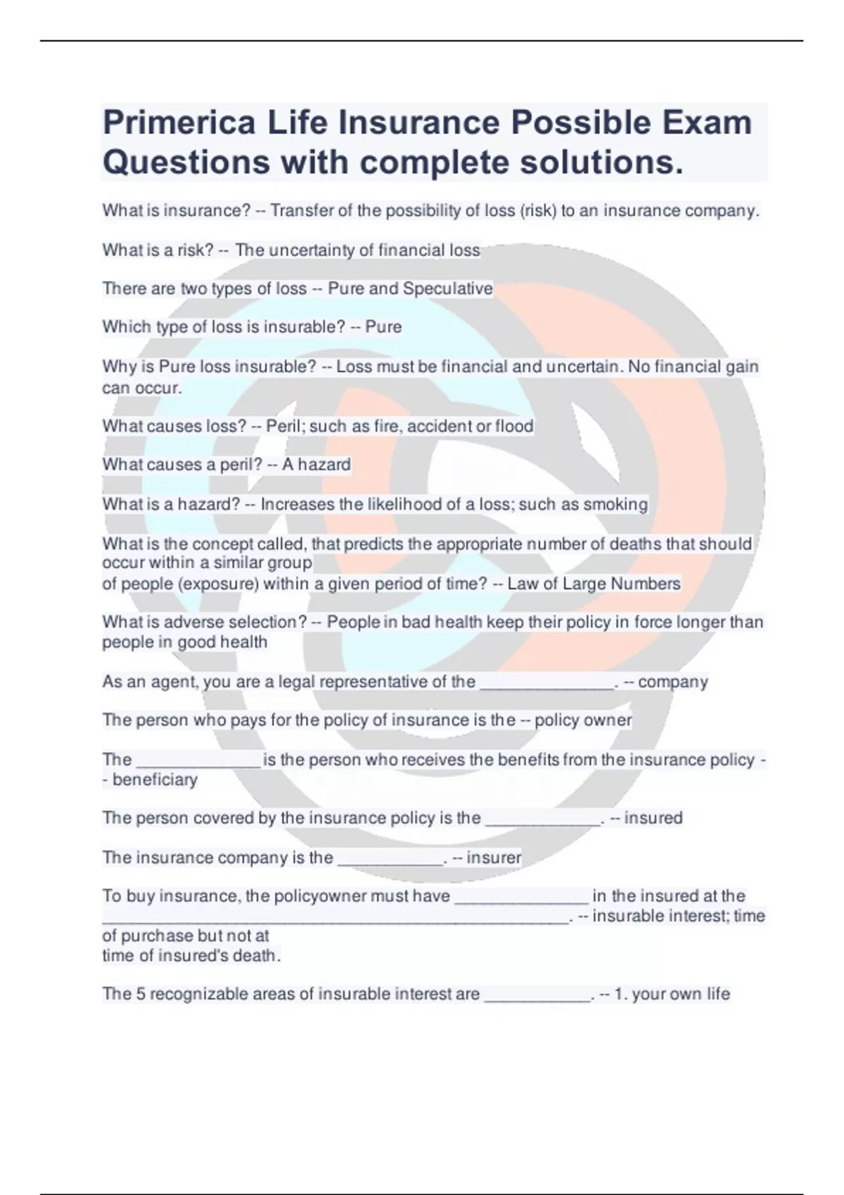 Primerica Life Insurance Possible Exam Questions with complete ...