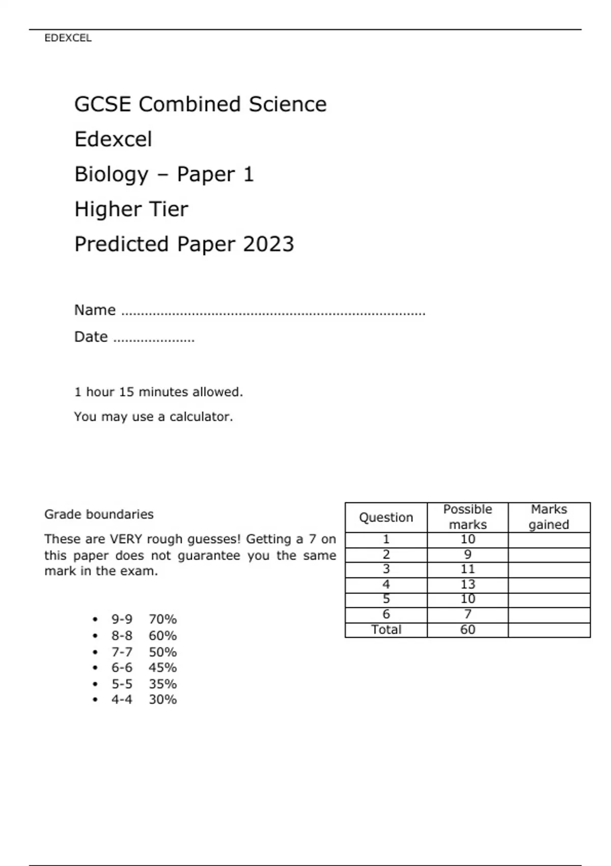 Edexcel GCSE Combined Science Biology Paper 1 Higher Tier Predicted ...