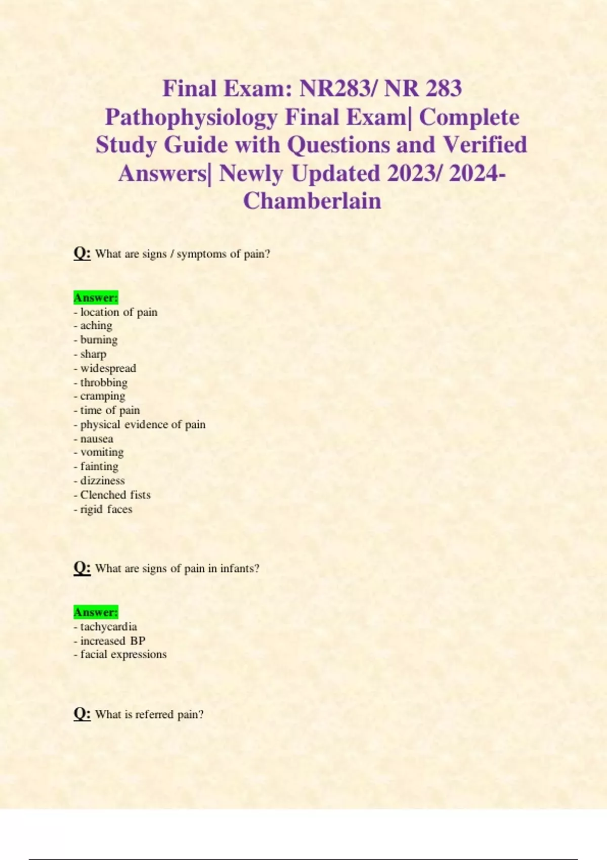 Final Exams: NR283/ NR 283 Pathophysiology |2023/ 2024 LATEST UPDATES ...