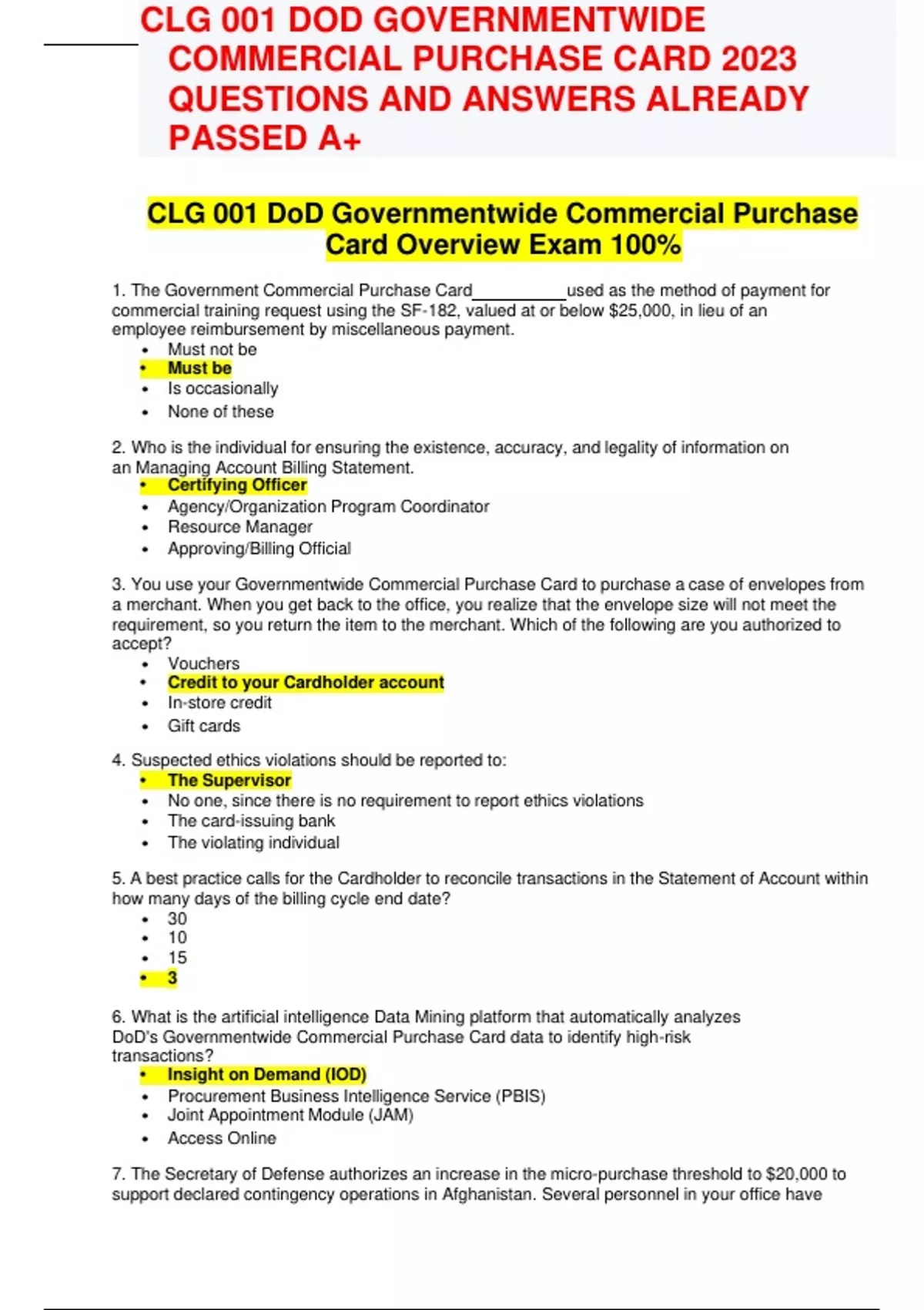 CLG 001 DOD GOVERNMENTWIDE COMMERCIAL PURCHASE CARD 2023 QUESTIONS AND ...