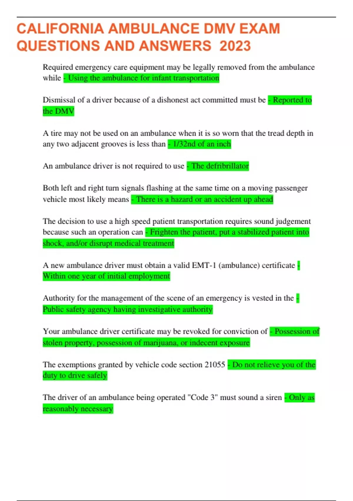 BUNDLE for California Ambulance DMV Exam Questions & Answers - Stuvia US