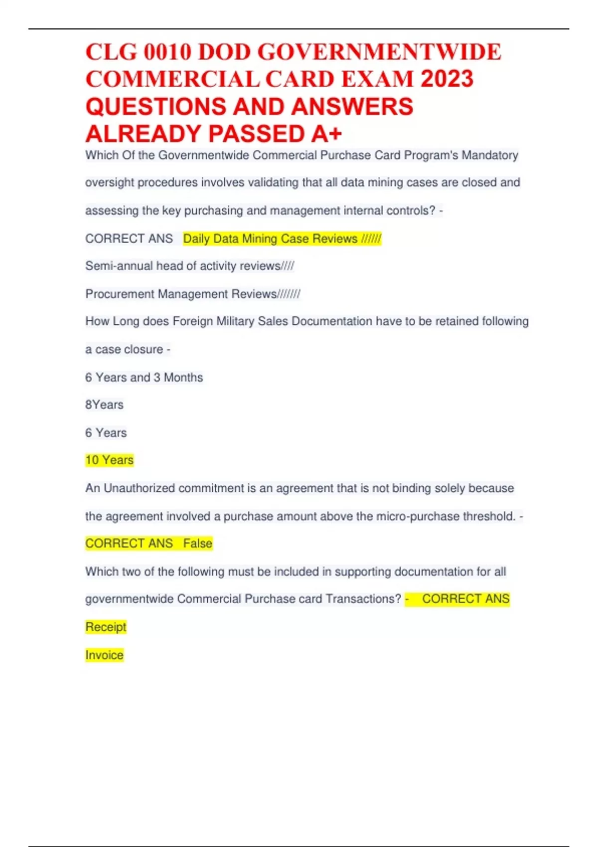 CLG 0010 DOD GOVERNMENTWIDE COMMERCIAL CARD EXAM 2023 QUESTIONS AND ...