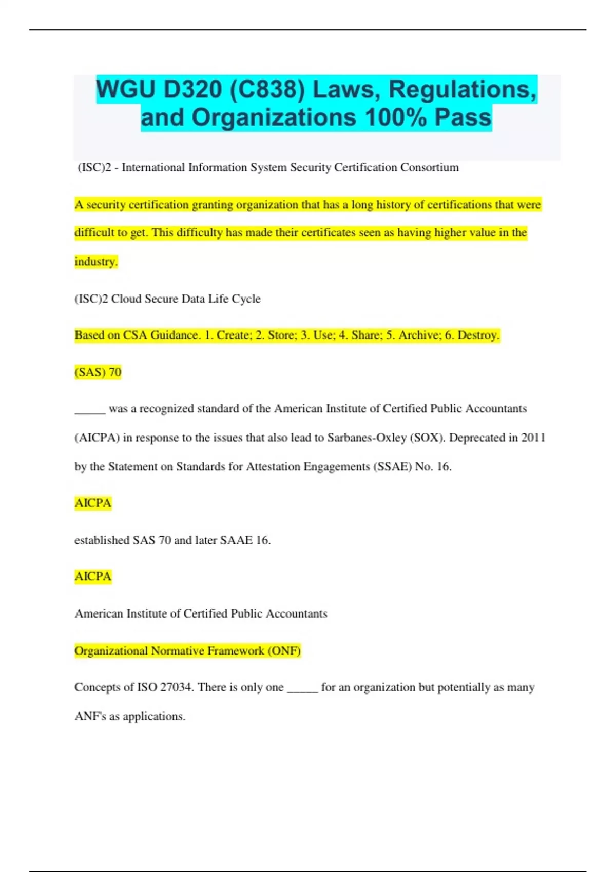 WGU D320 (C838) Laws, Regulations, and Organizations 100% Pass - WGU ...