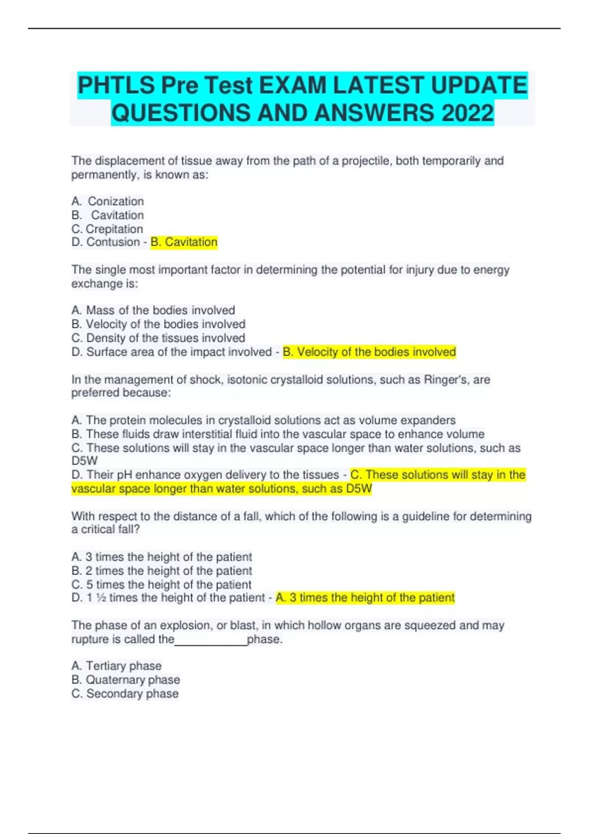PHTLS Pre Post Test Questions And Answers 2022 Verified Answers