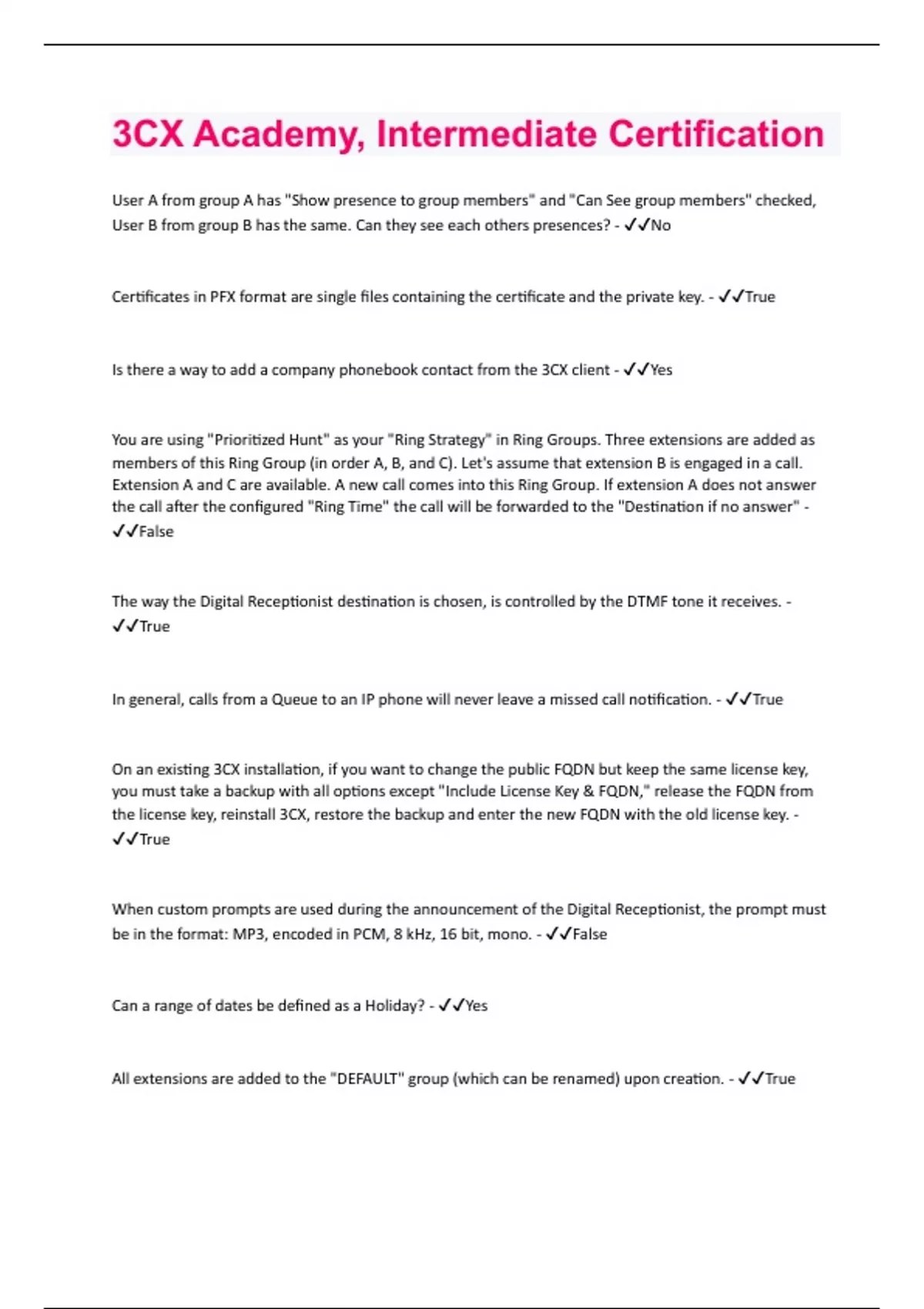 3CX Academy, Intermediate Certification | Questions with 100 % Correct ...