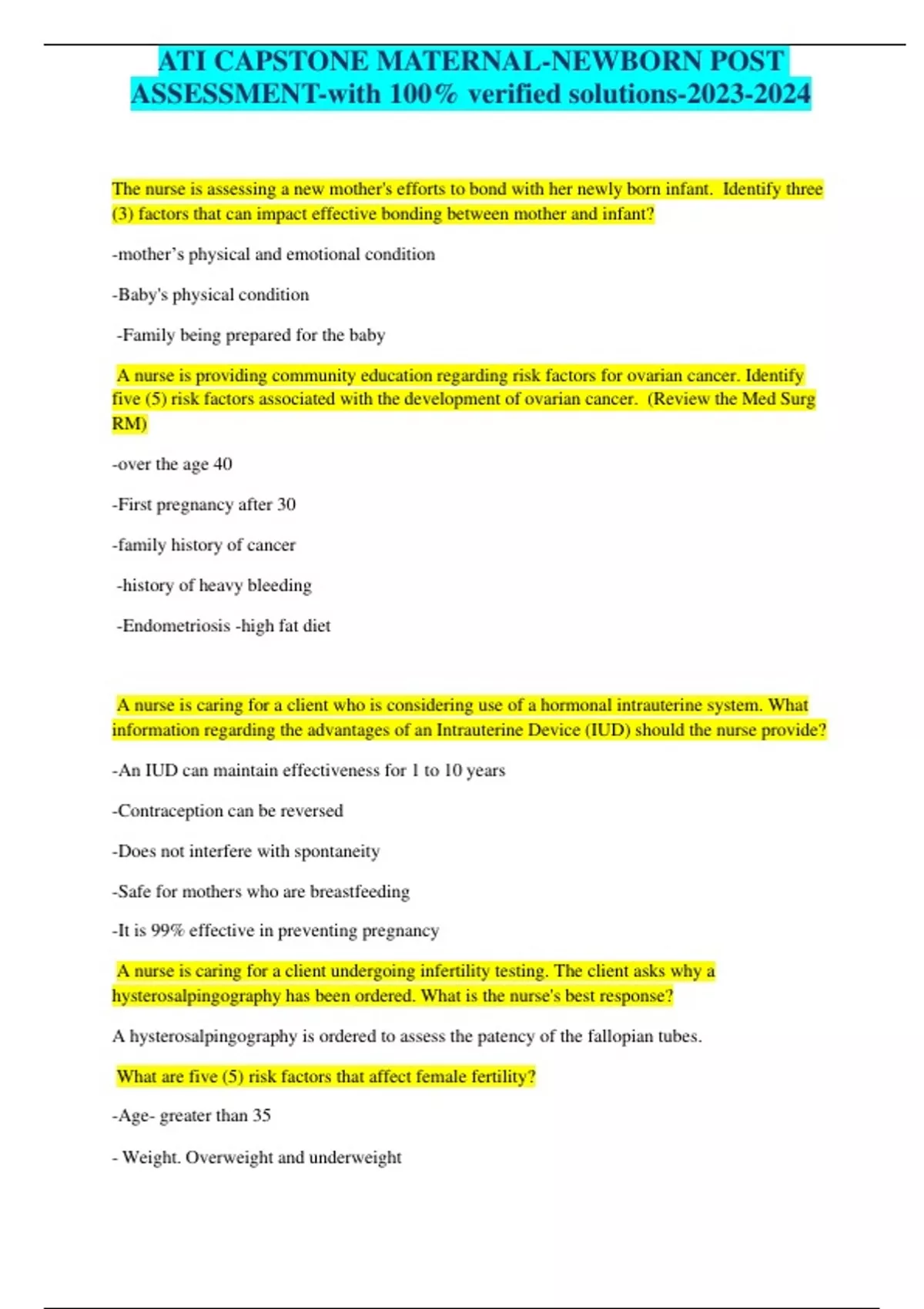 ATI CAPSTONE MATERNAL-NEWBORN POST ASSESSMENT-with 100% verified ...