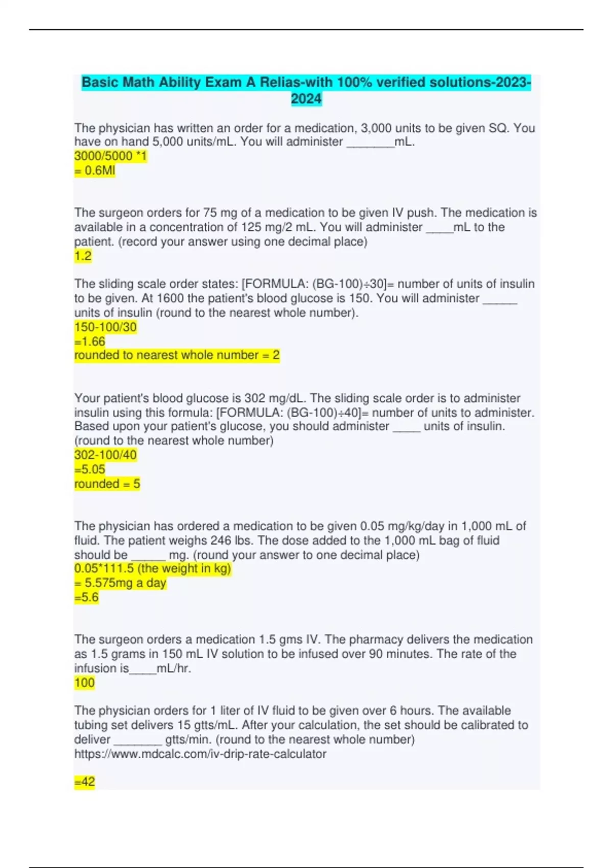 Basic Math Ability Exam A Relias-with 100% verified solutions- - Basic ...