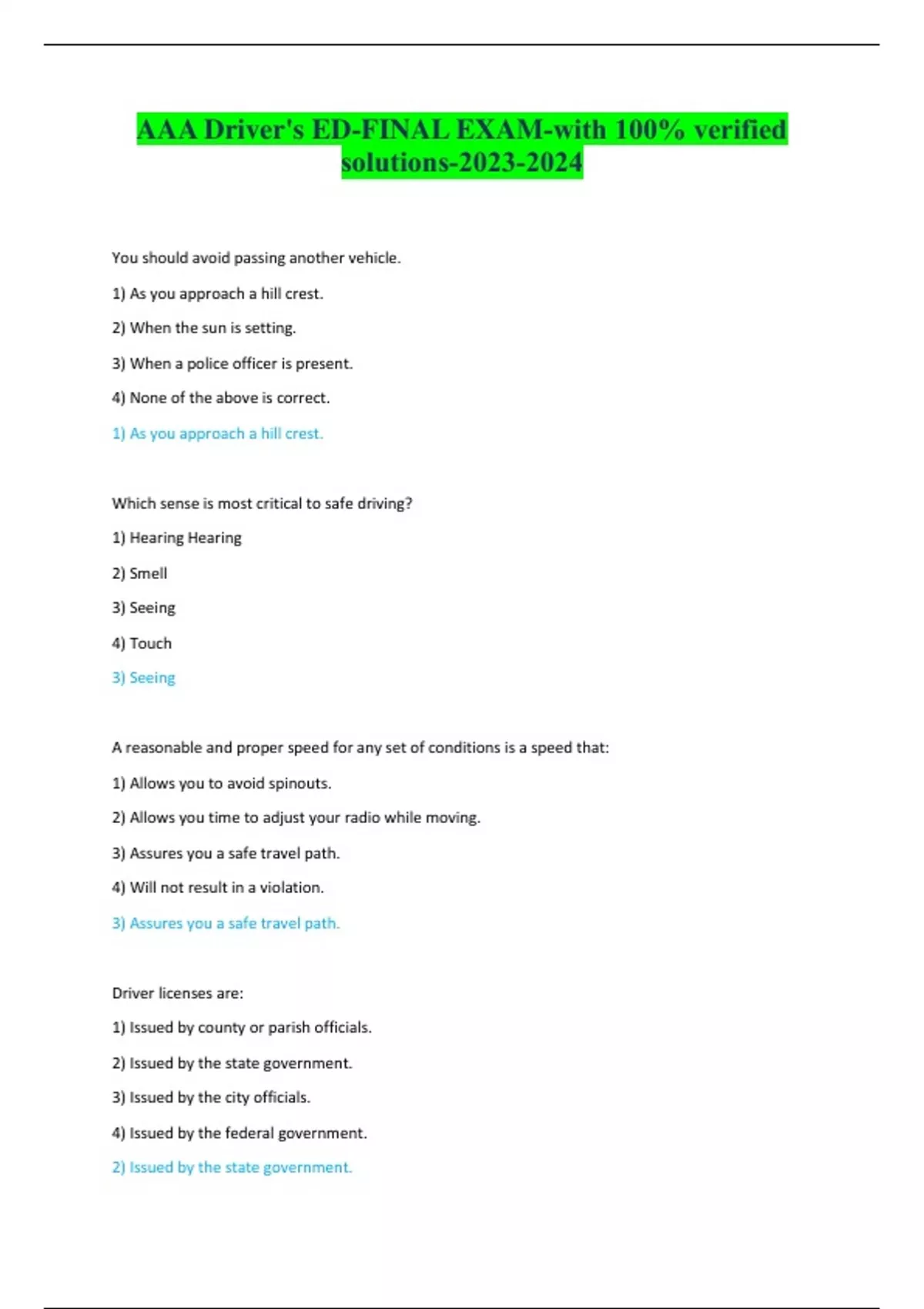 AAA Driver's ED-FINAL EXAM-with 100% verified solutions- - AAA Driver ...