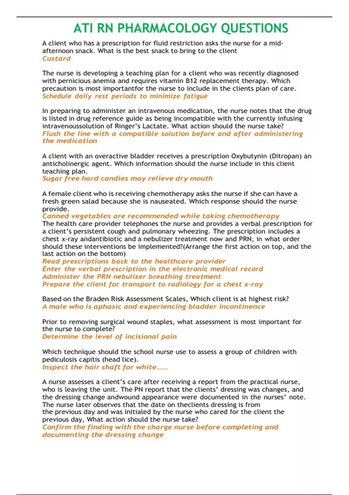 ATI RN PHARMACOLOGY QUESTIONS WITH CORRECT ANSWERS LATEST 2023/2024 A ...