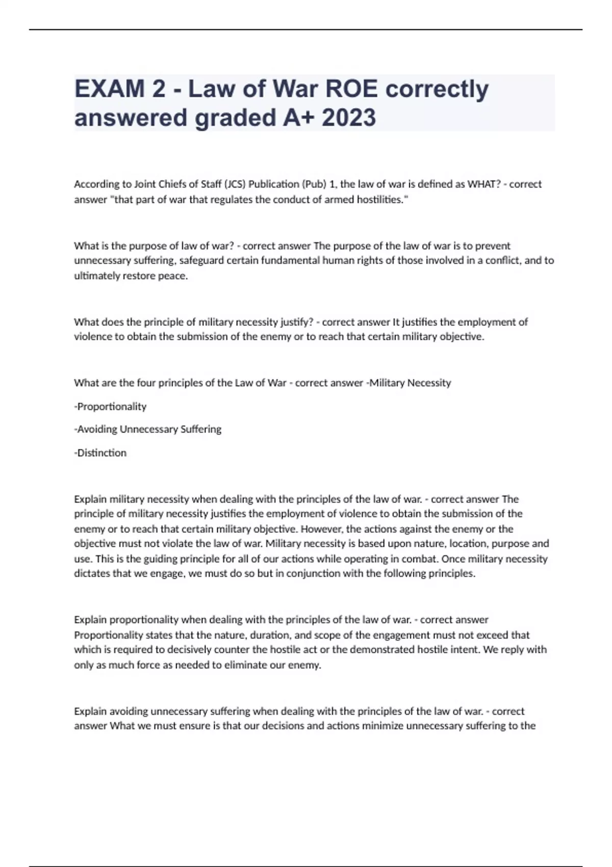 EXAM 2 - Law of War ROE correctly answered graded A+ 2023 - Law of War ...