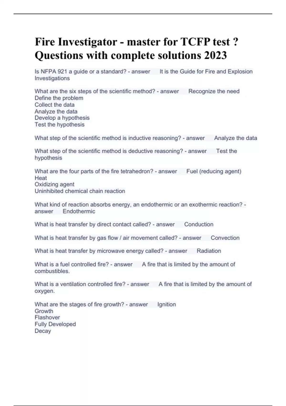 Fire Investigator - master for TCFP test ? Questions with complete ...