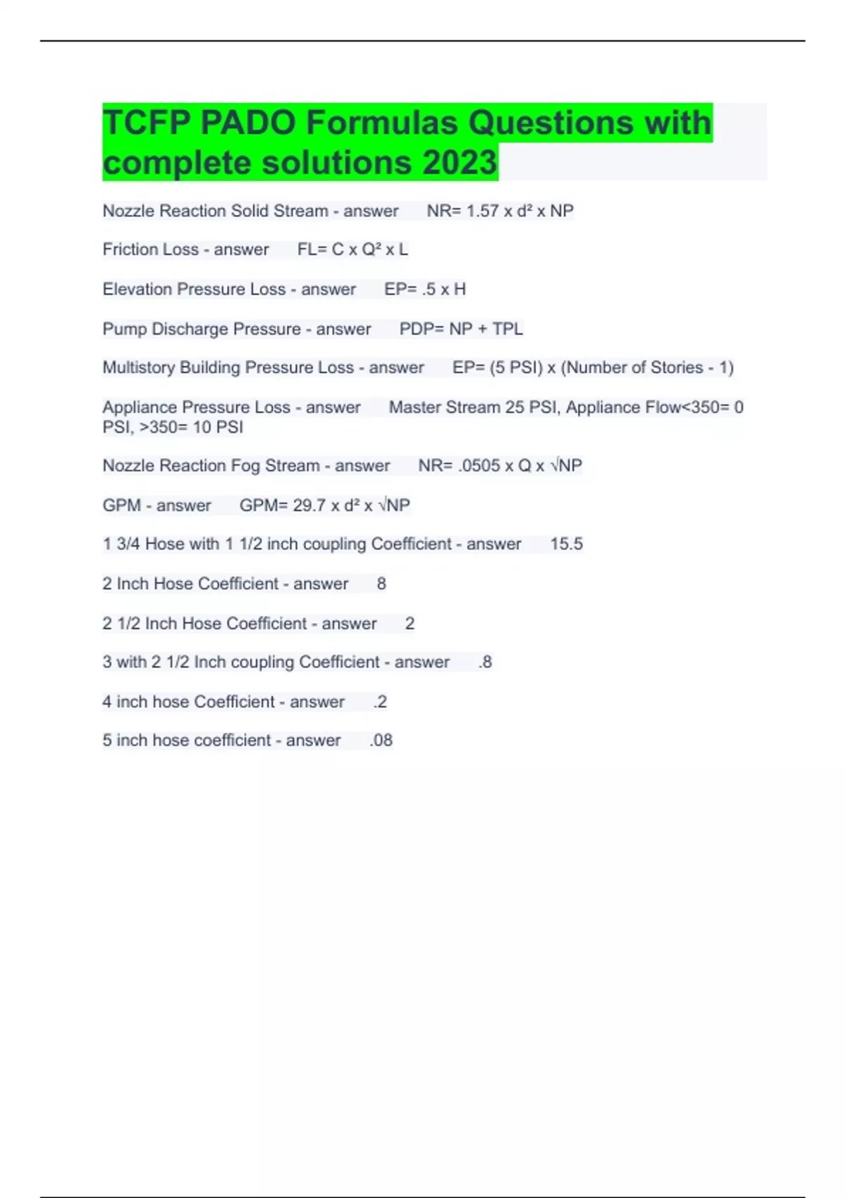 TCFP PADO Formulas Questions with complete solutions 2023 - Tcfp ...