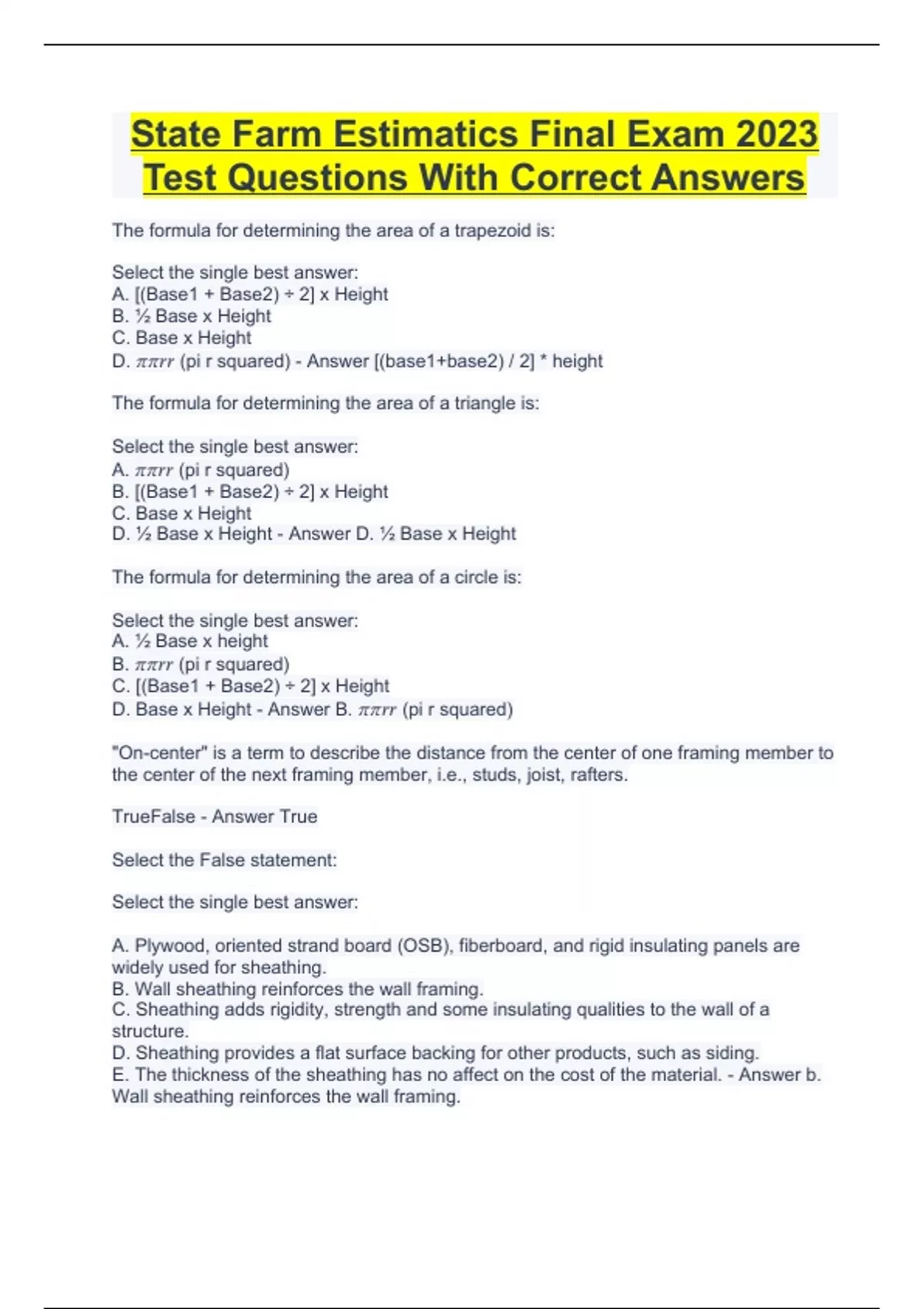 State Farm Estimatics Final Exam 2023 Test Questions With Correct ...