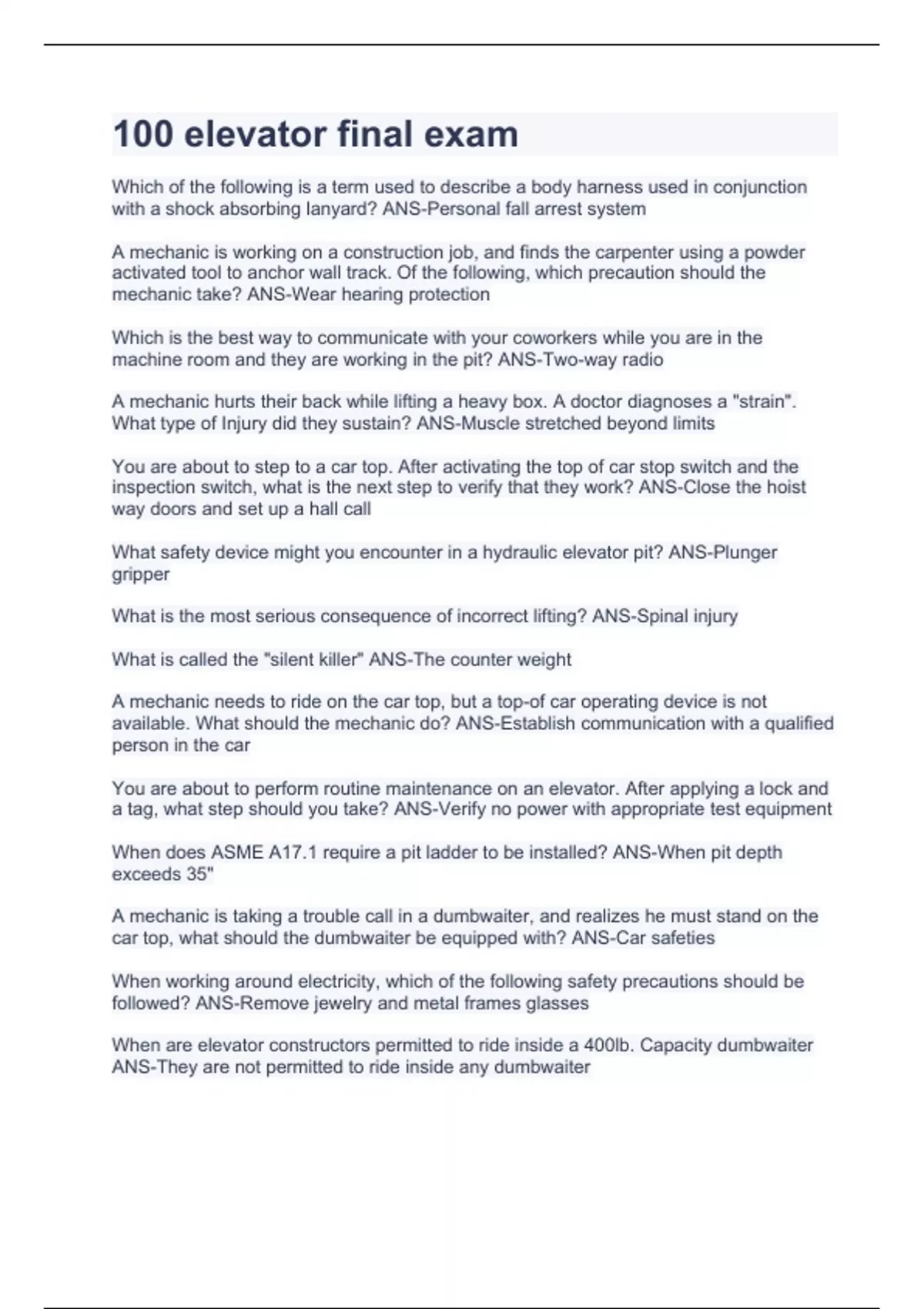 100 elevator final exam|TEST SOLUTIONS 100% PASS - Elevator mechanic ...