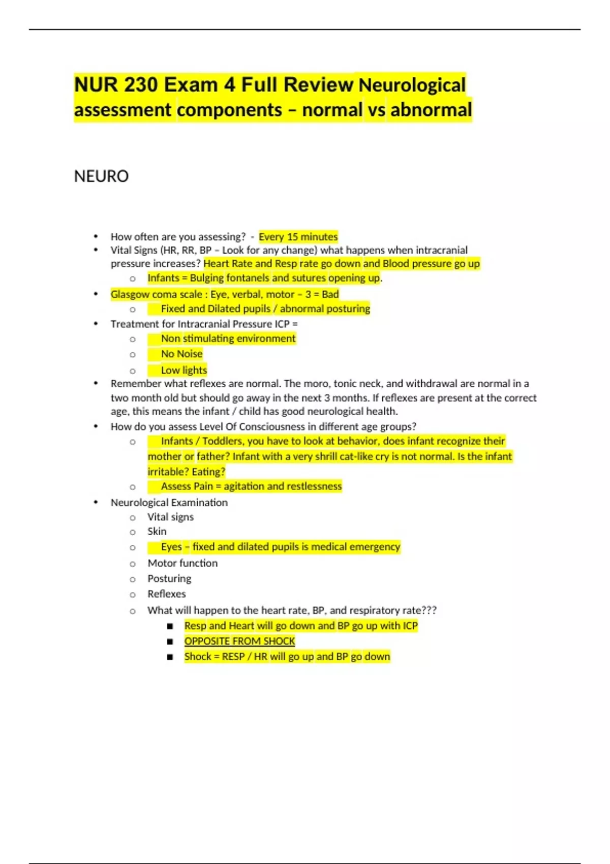 NUR 230 Exam 4 Full Review Neurological assessment components – normal ...