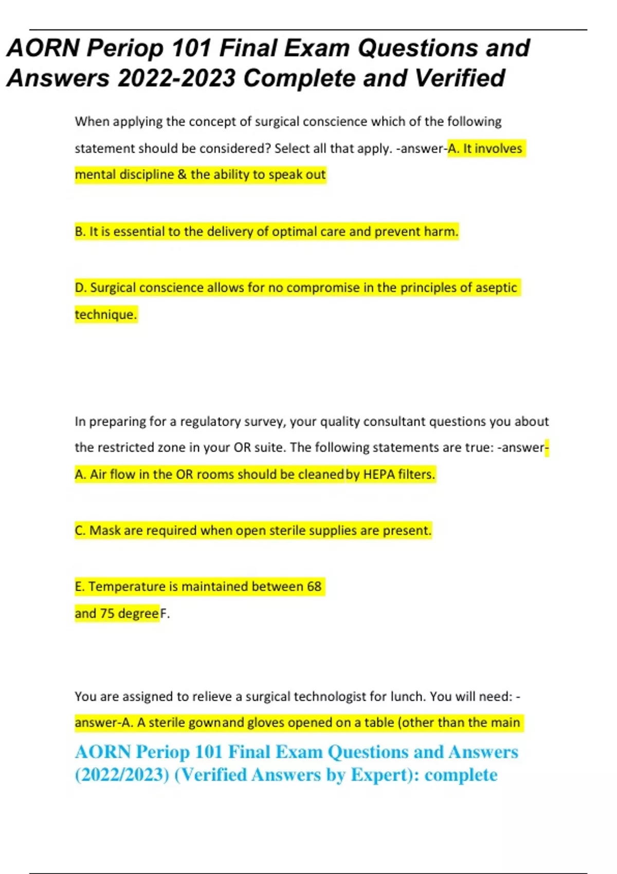 AORN Periop 101 Final Exam Questions and Answers 2022/2023 Complete and ...