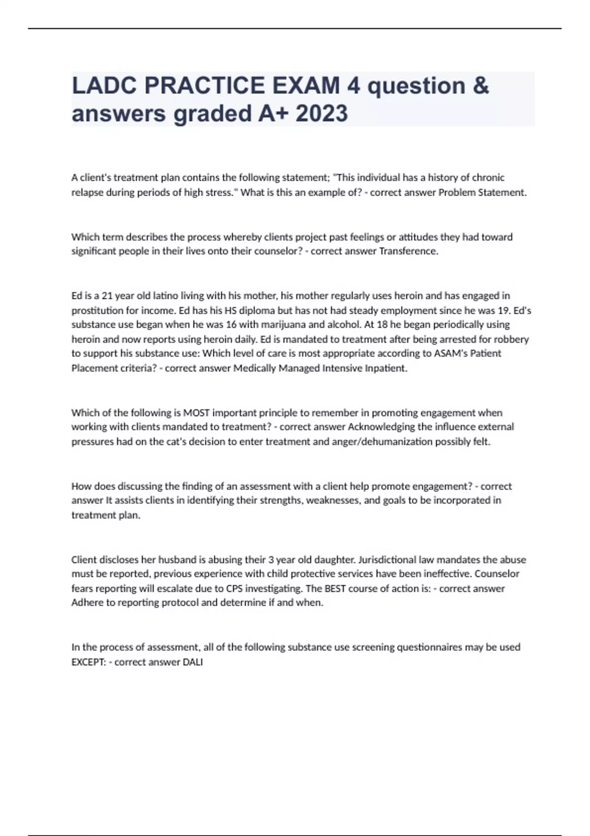 LADC PRACTICE EXAM 4 question & answers graded A+ 2023 - LADC - Stuvia US