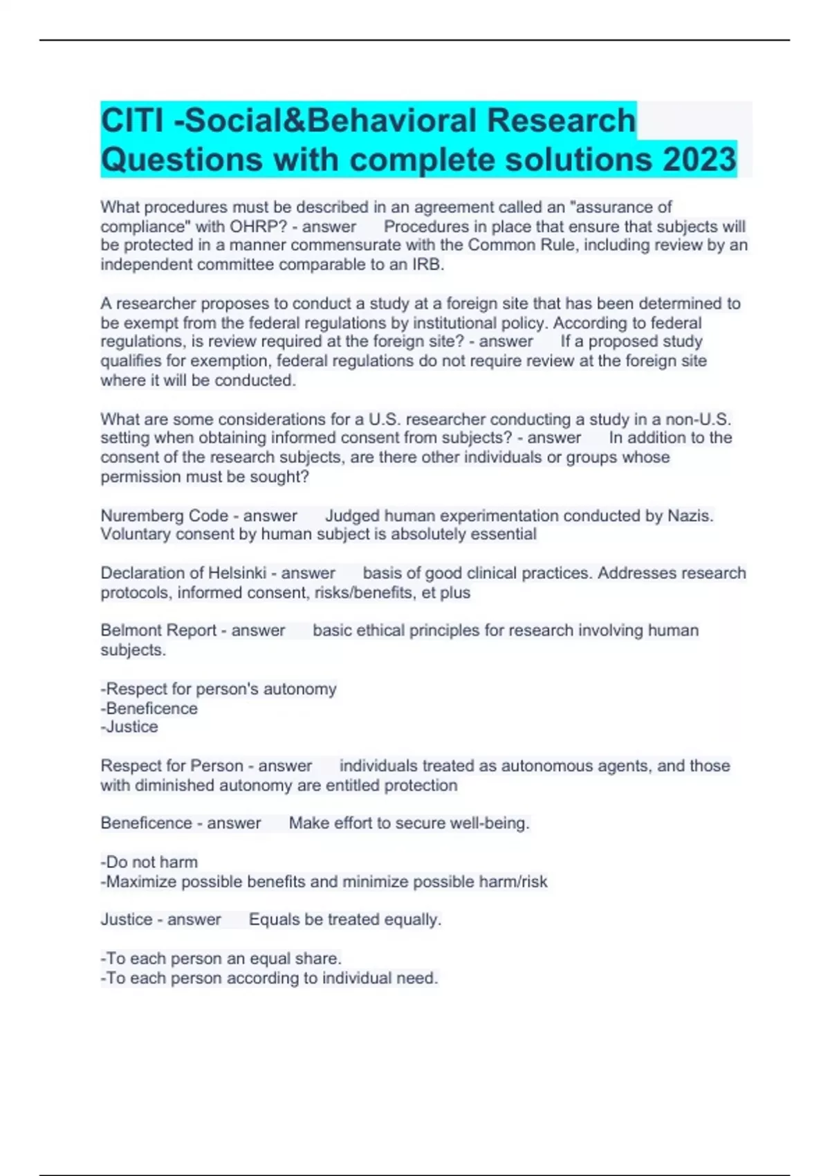 CITI -Social&Behavioral Research Questions with complete solutions 2023 ...