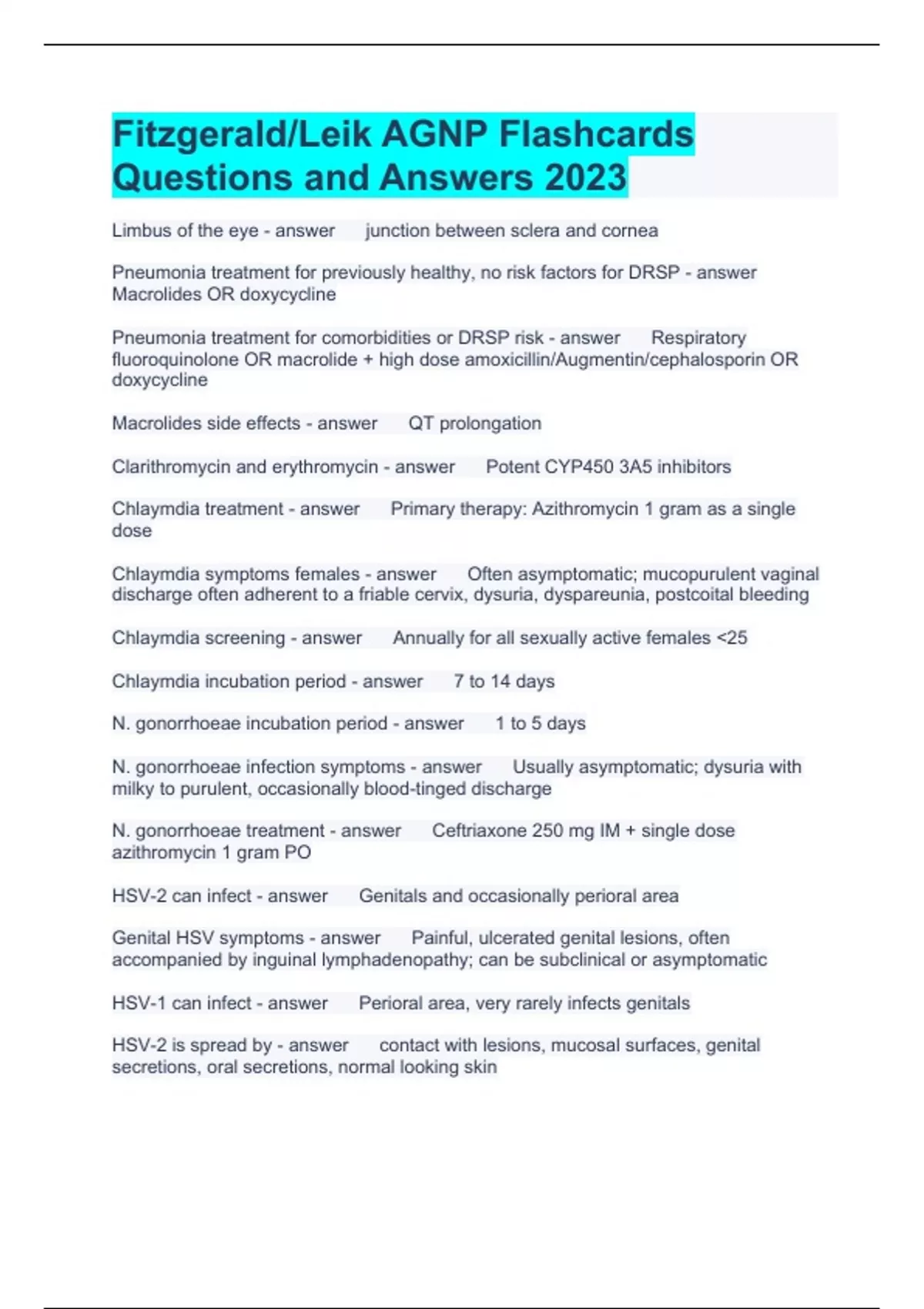 Fitzgerald/Leik AGNP Flashcards Questions and Answers 2023 - Agnp ...