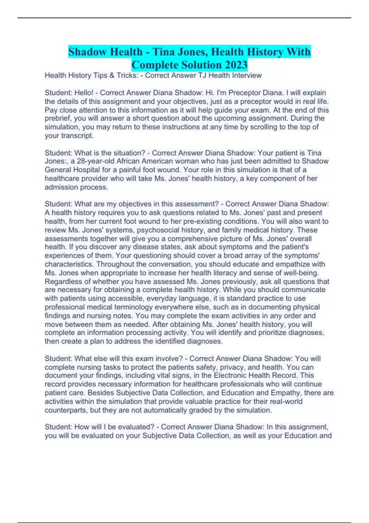 Shadow Health - Tina Jones, Health History With Complete Solution 2023 ...