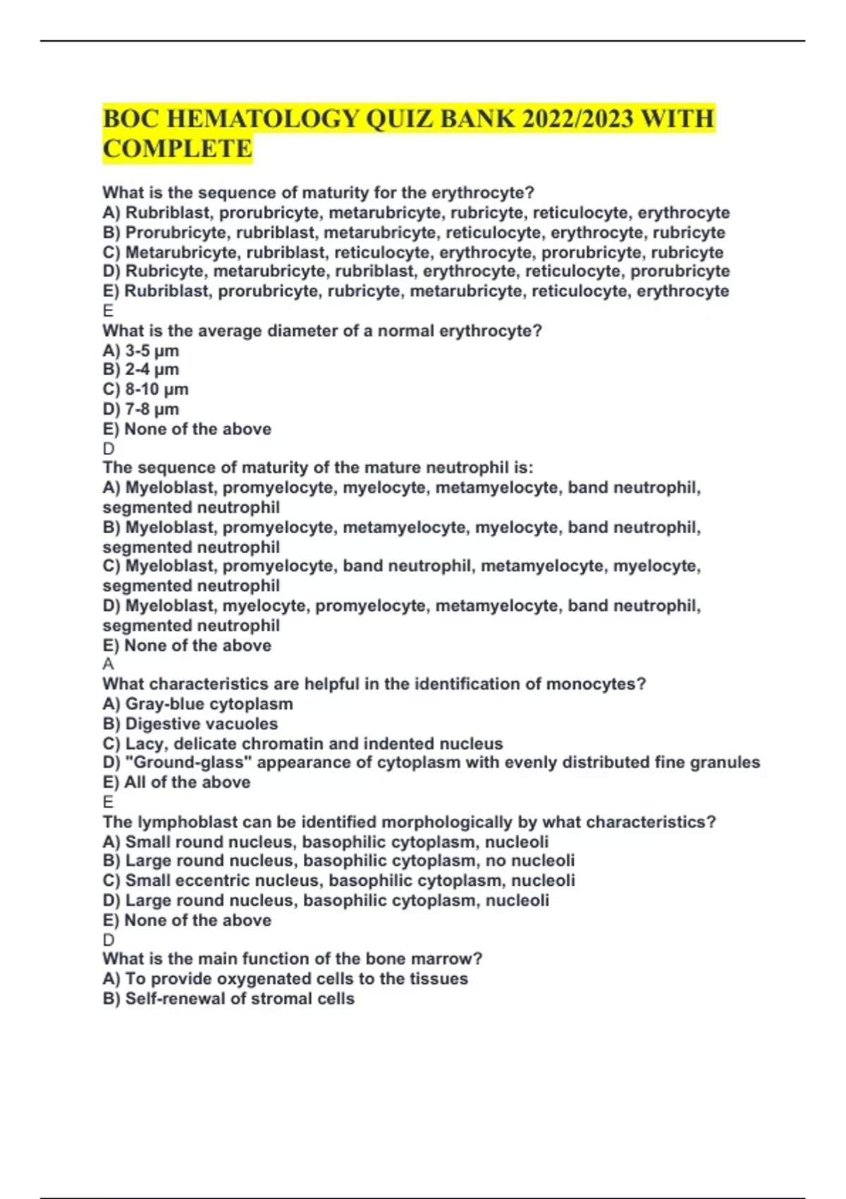 BOC HEMATOLOGY QUIZ BANK 2022/2023 WITH COMPLETE - BOC HEMATOLOGY ...
