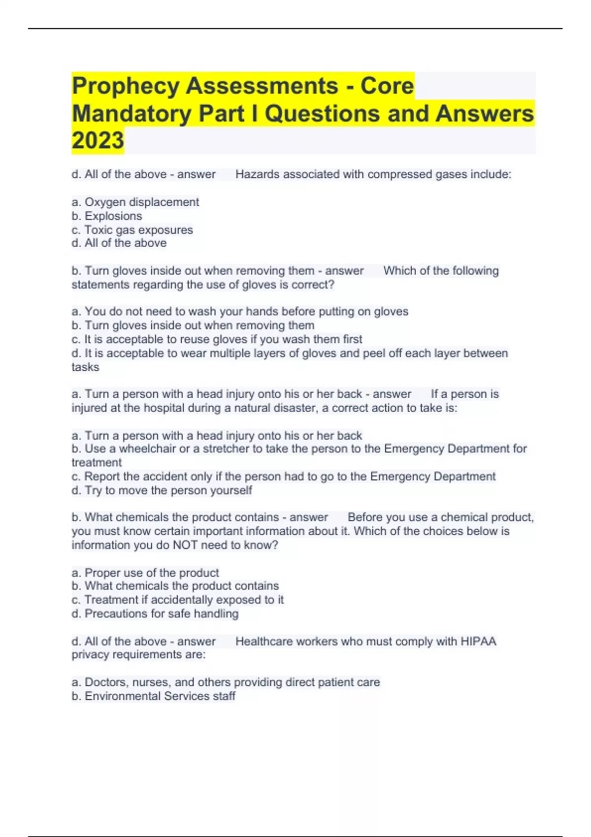 Prophecy Assessments - Core Mandatory Part I Questions and Answers 2023 ...