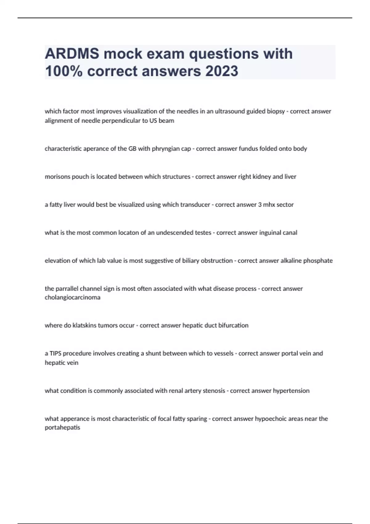 ARDMS mock exam questions with 100% correct answers 2023 - Ardms ...