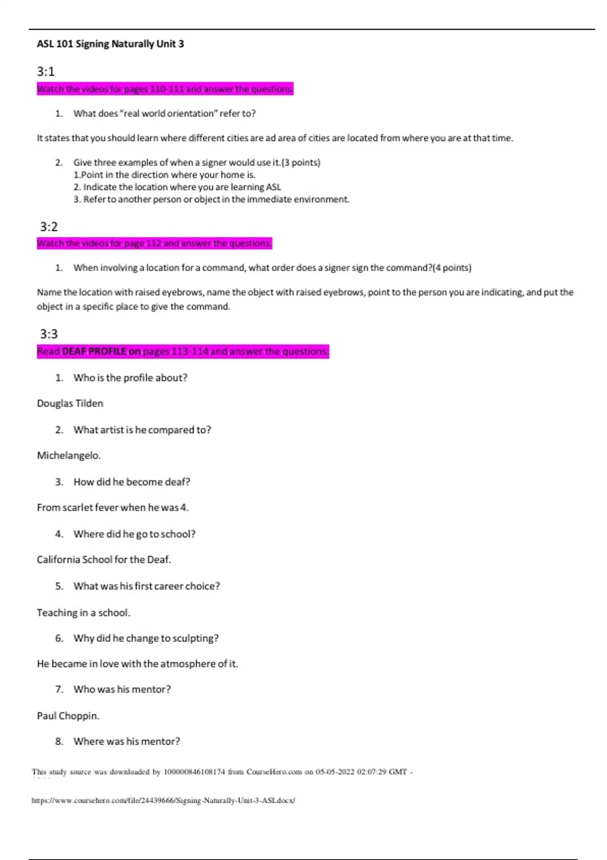 ASLI101 Signing Naturally Unit 3 with complete solutions - ASLI101 ...