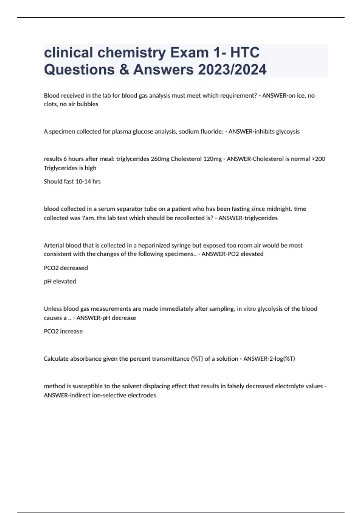 clinical chemistry Exam 1- HTC Questions & Answers 2023/2024 - HTC ...