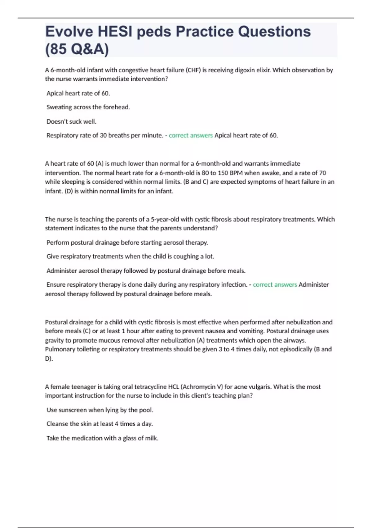 Evolve HESI peds Practice Questions (85 Q&A) - Evolve HESI peds Practic ...