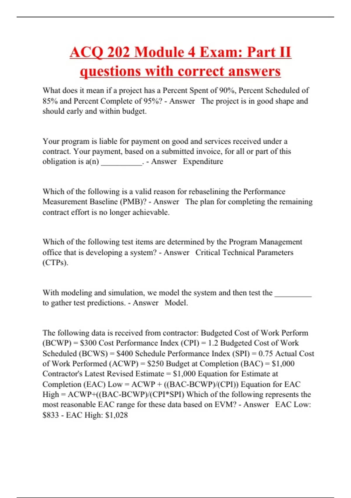 ACQ 202 Module 4 Exam: Part II questions with correct answers - ACQ 202 - Stuvia US