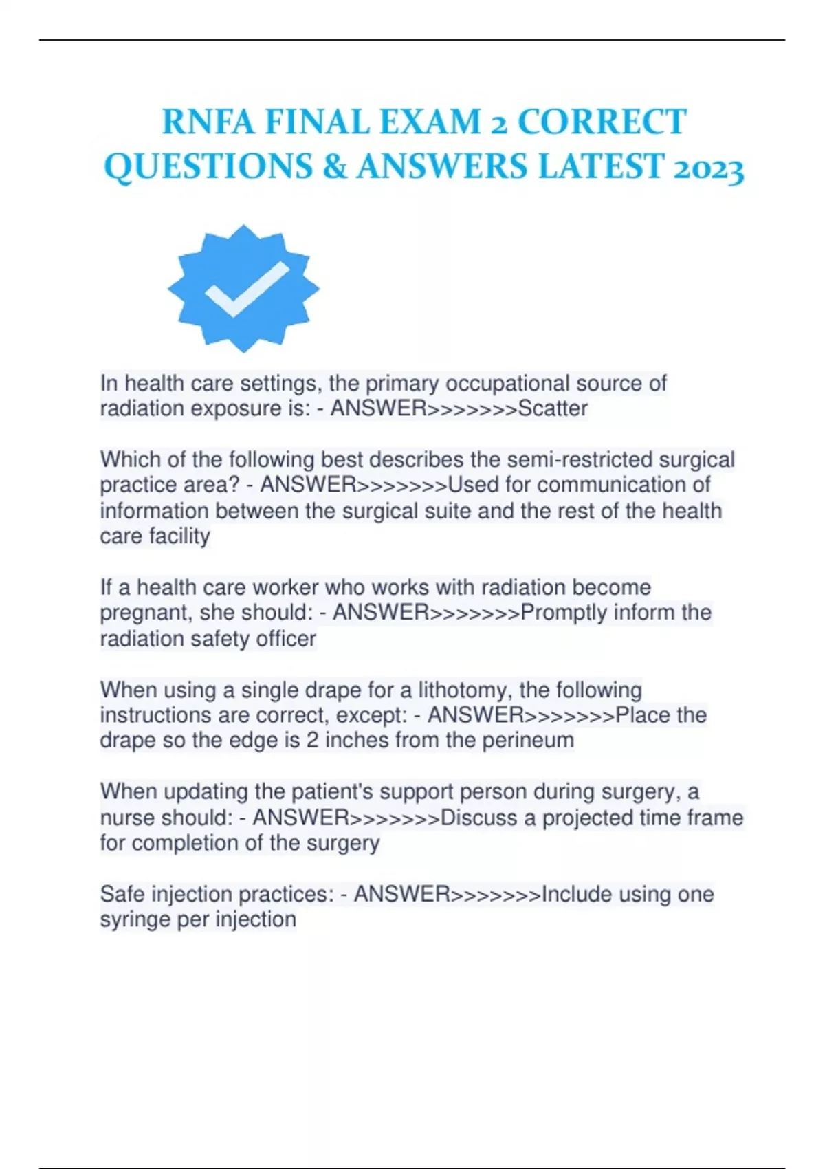 RNFA FINAL EXAM 2 CORRECT QUESTIONS & ANSWERS LATEST 2023 - RNFA ...