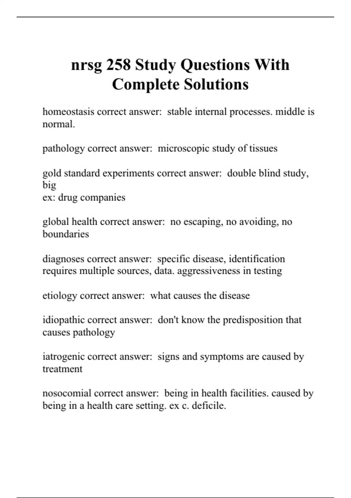 nrsg 258 Study Questions With Complete Solutions - Nrsg 258 - Stuvia US