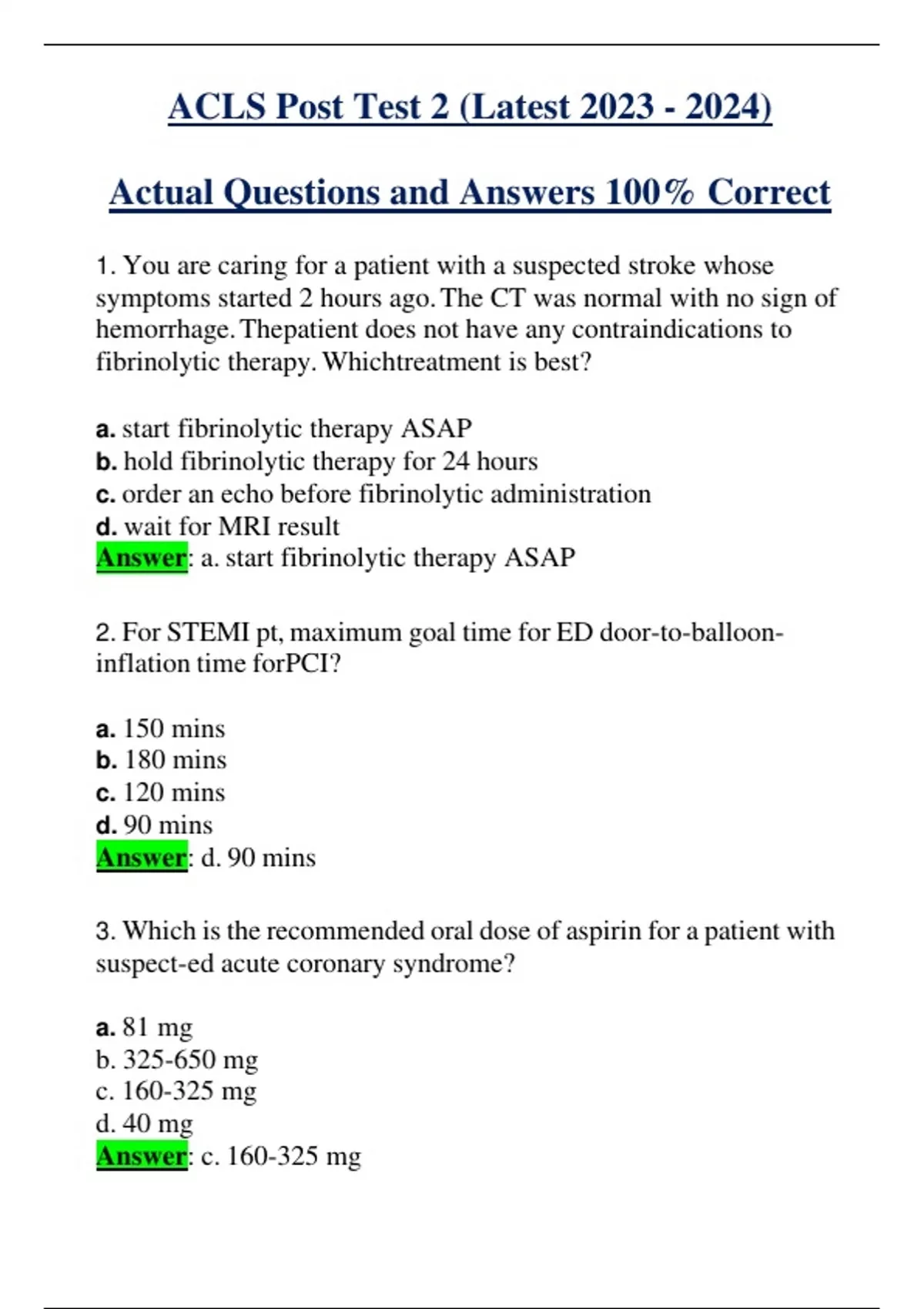 ACLS Post Test 2 (Latest 2024 / 2025 ) Actual Questions and Answers 100 ...