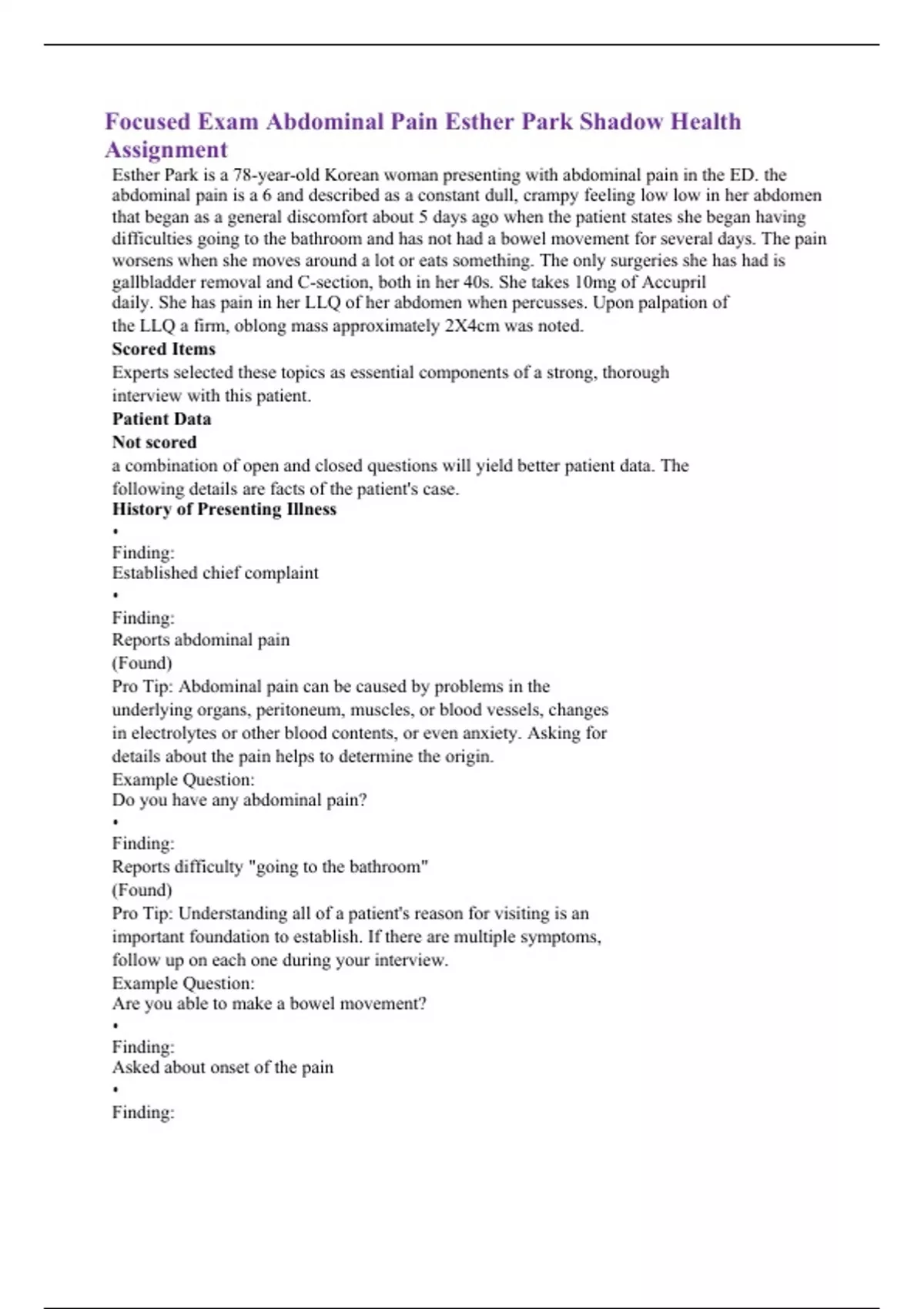 Focused Exam Abdominal Pain Esther Park Shadow Health Assignment ...