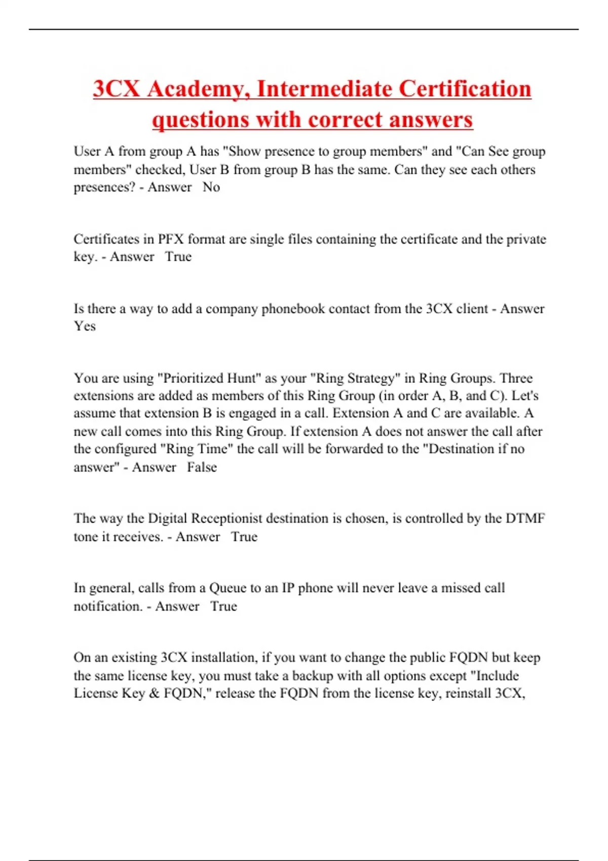 3CX Academy, Intermediate Certification questions with correct answers ...