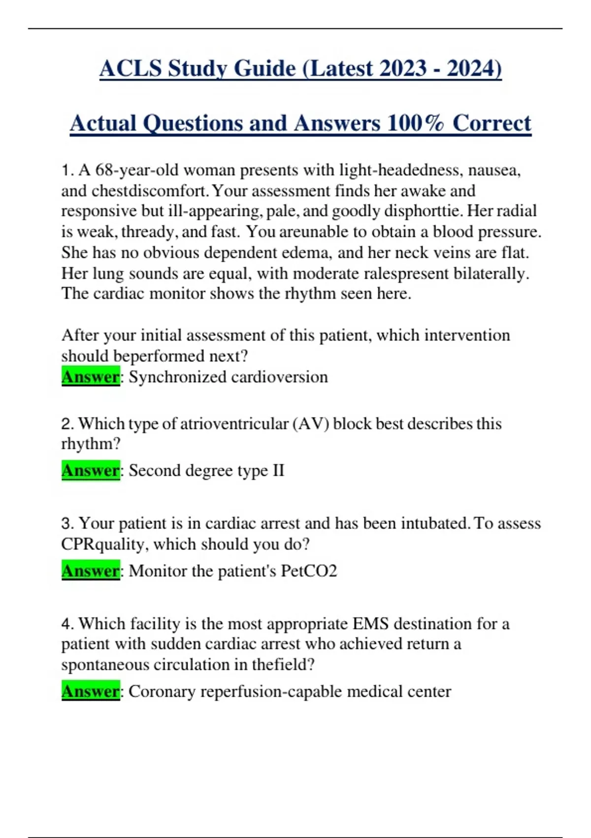ACLS Study Guide (Latest 2024 / 2025 ) Actual Questions and Answers 100 ...