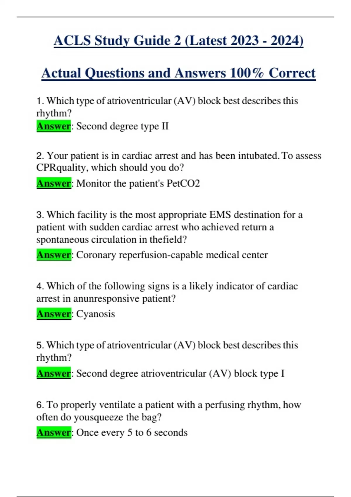ACLS Study Guide 2 (Latest 2024 / 2025 ) Actual Questions and Answers ...