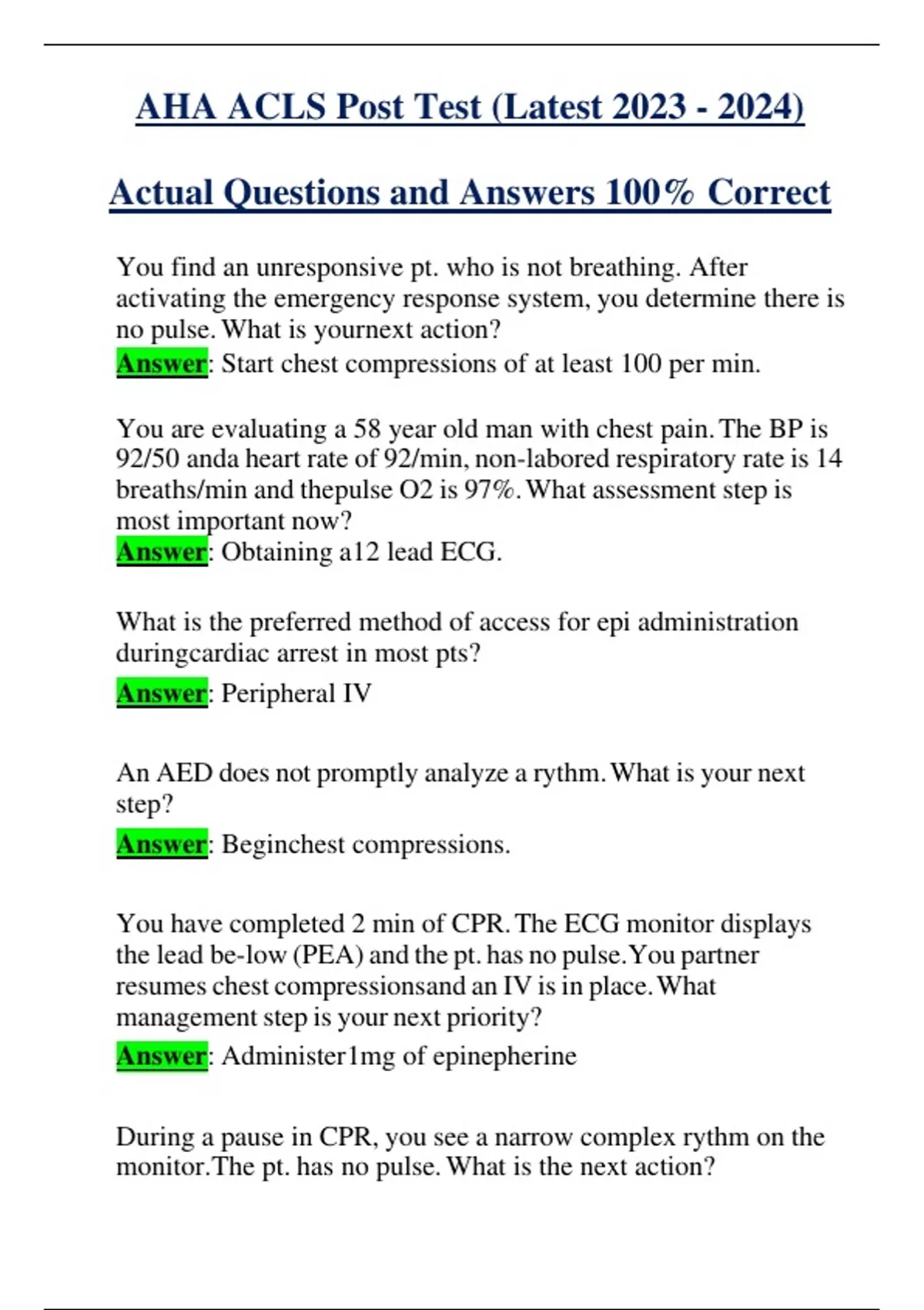 Aha Acls Post Test Answer Key 2020