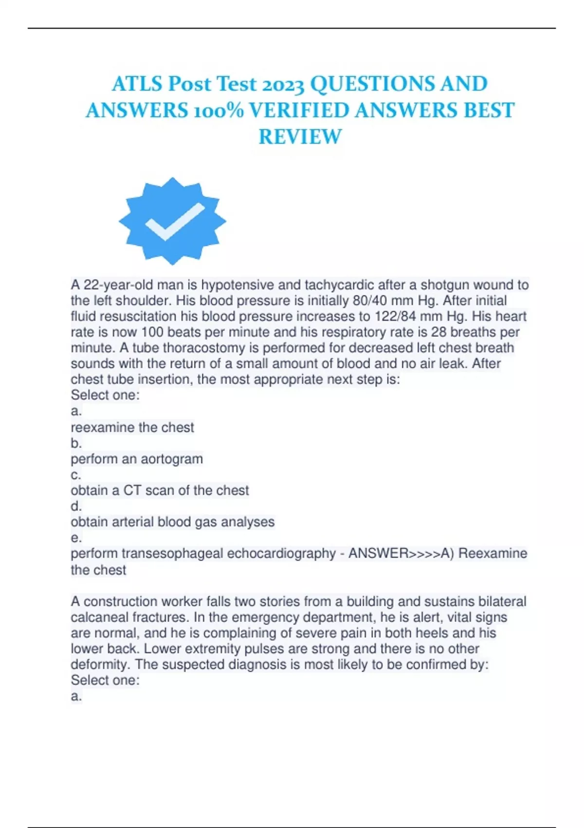 ATLS POST TEST EXAMS LATEST 2024 QUESTIONS AND DETAILED ANSWERS GRADED ...