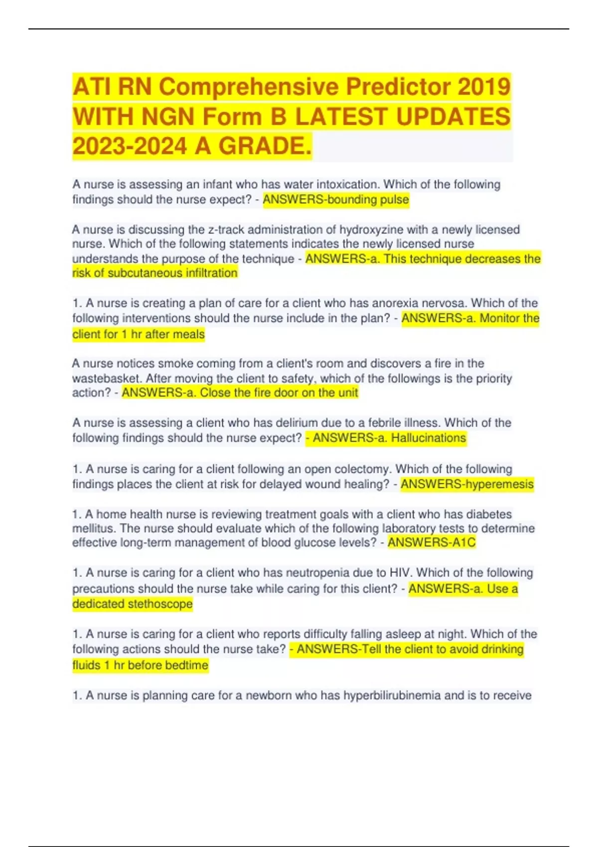 ATI RN Comprehensive Predictor 2019 WITH NGN Form B LATEST UPDATES A ...