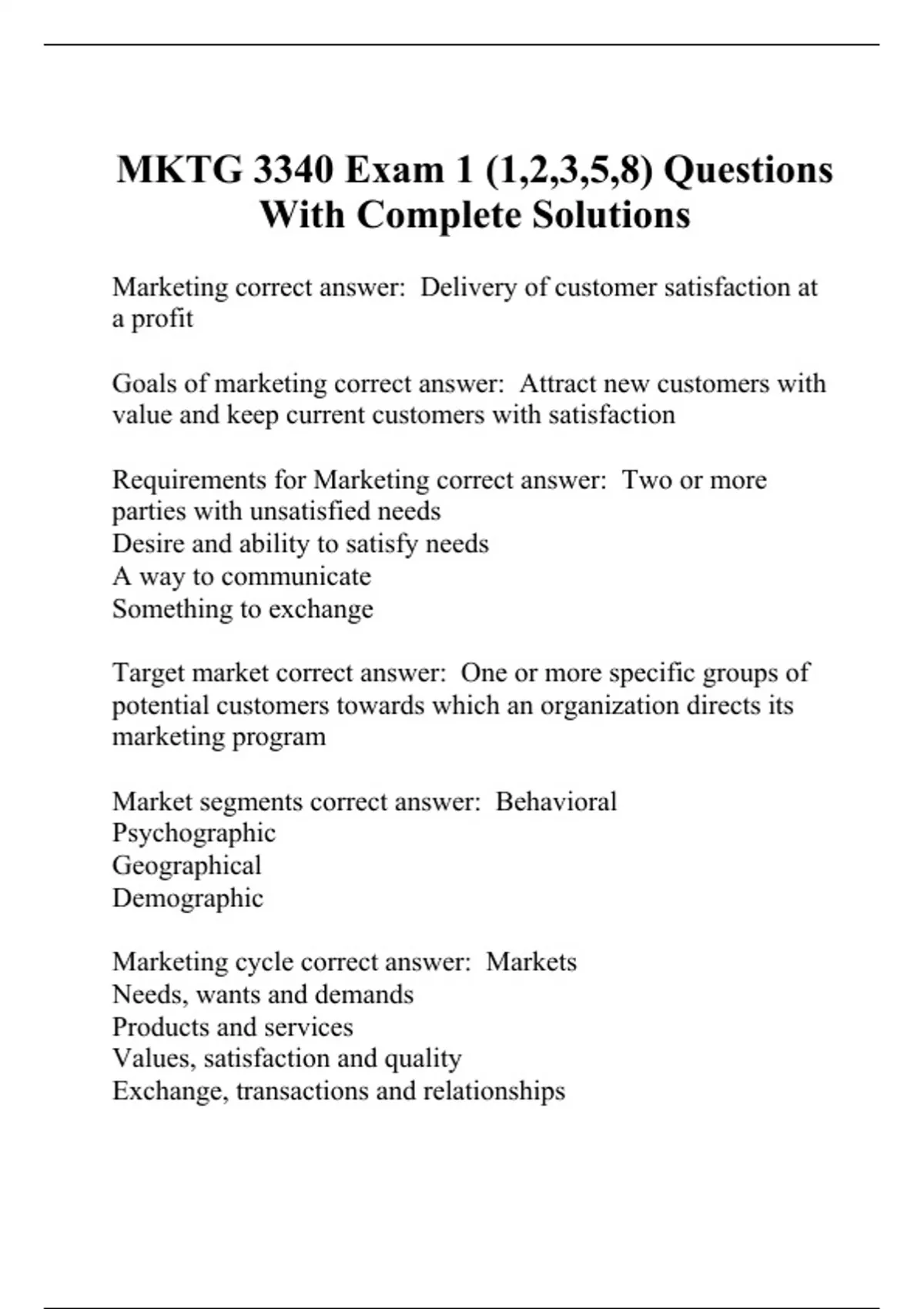 MKTG 3340 Exam 1 (1,2,3,5,8) Questions With Complete Solutions - MKTG ...