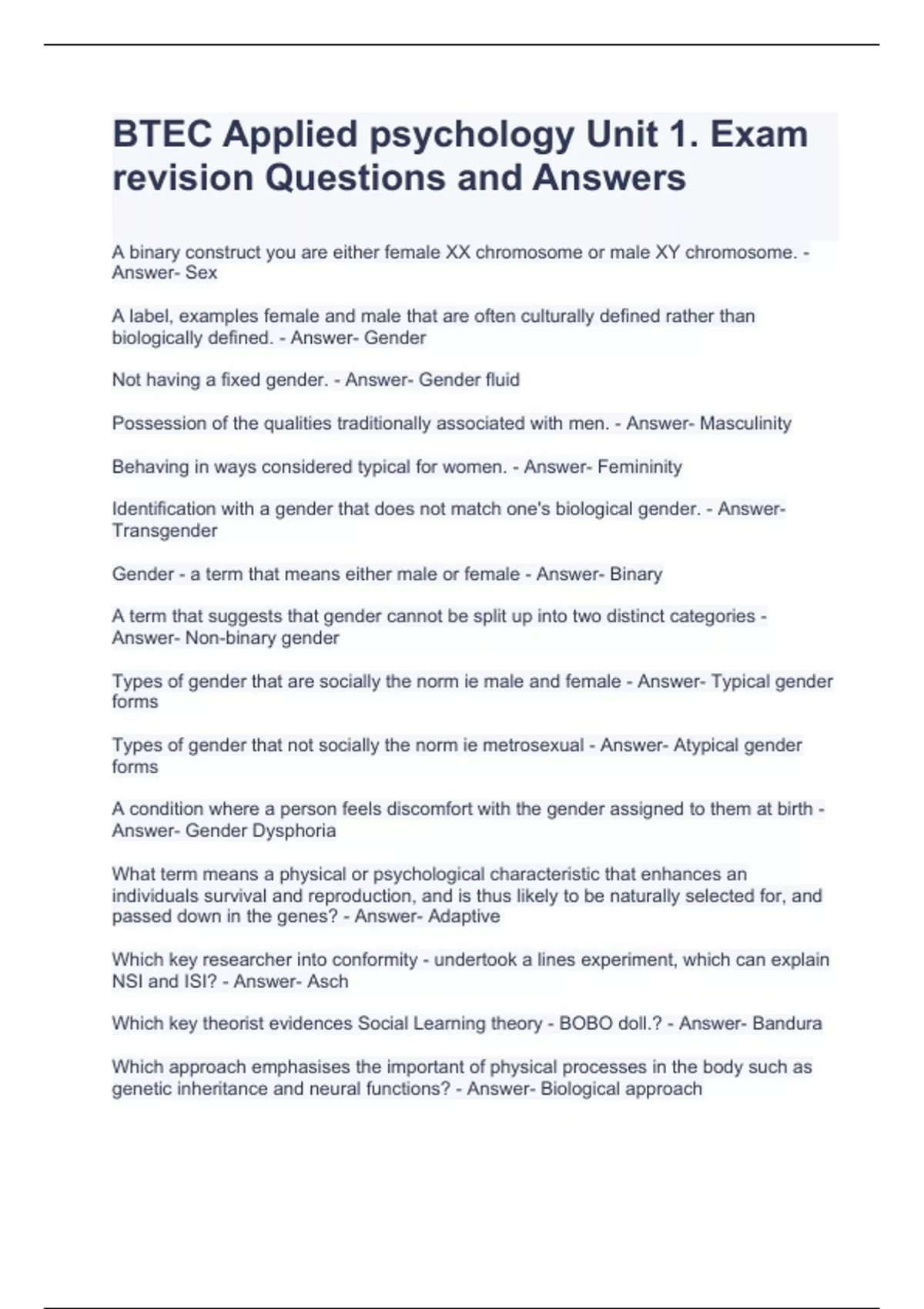 BTEC Applied psychology Unit 1. Exam revision Questions and Answers ...