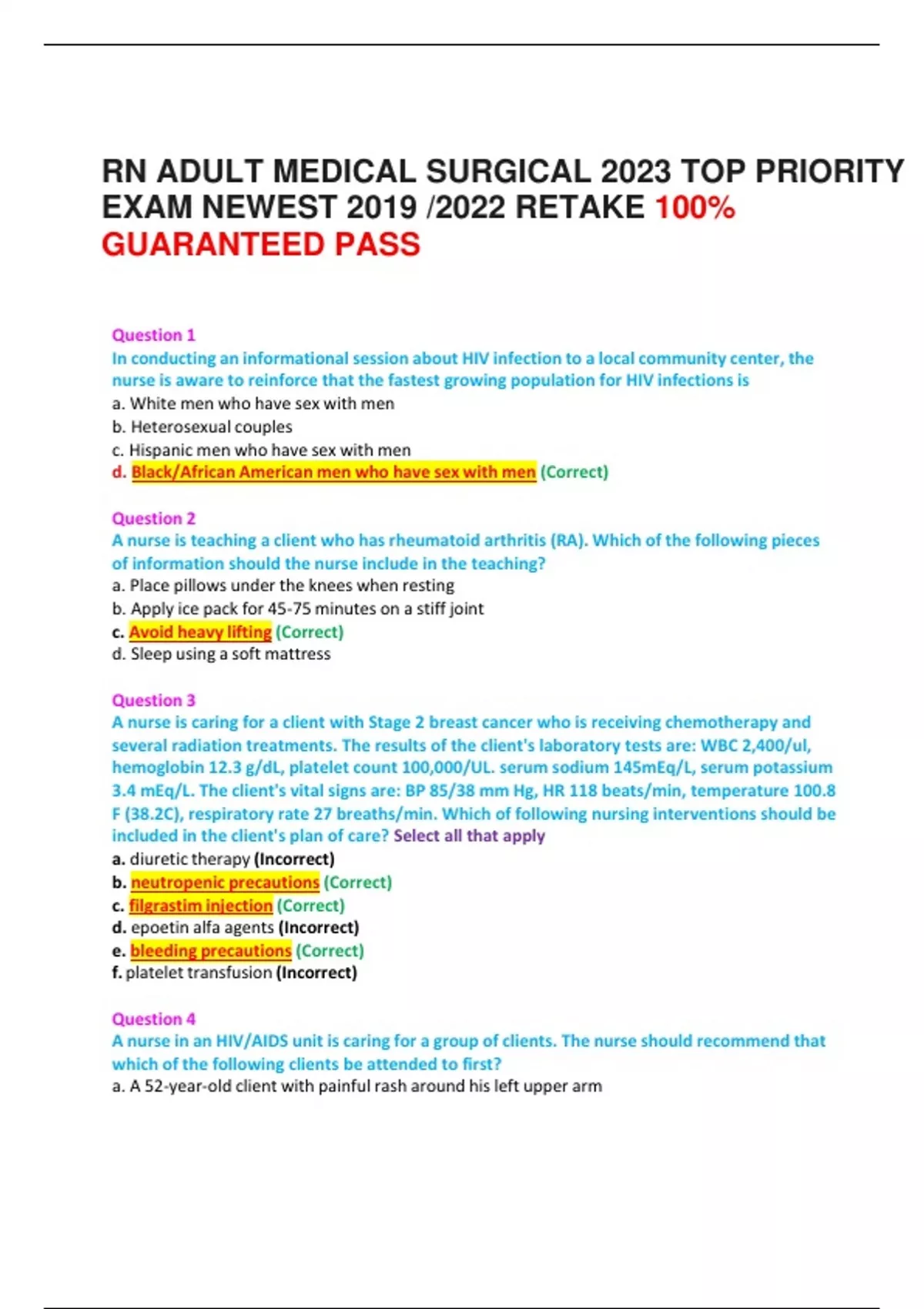 RN ADULT MEDICAL SURGICAL 2023 TOP PRIORITY EXAM NEWEST 2019 /2022 ...
