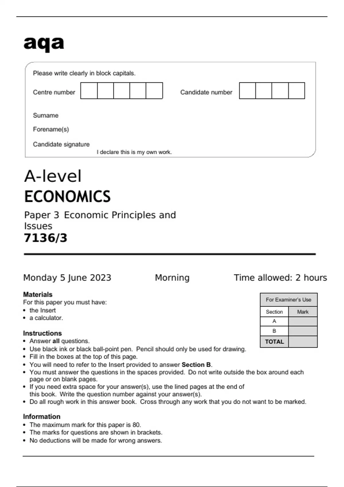 aqa A-level ECONOMICS Paper 3 Economic Principles and Issues ( 7136/3 ...