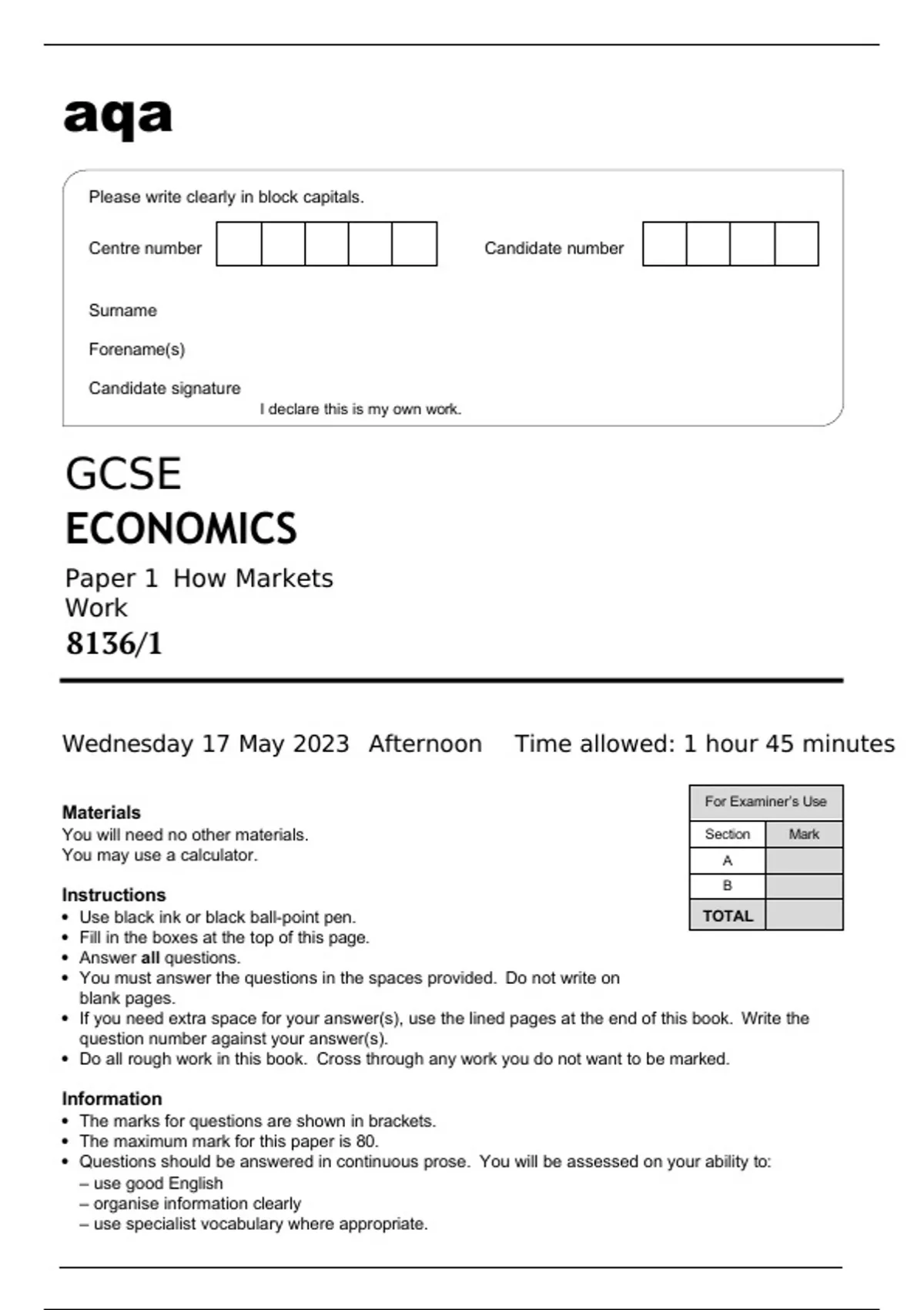 aqa GCSE ECONOMICS Paper 1 How Markets Work (8136/1) MAY 2023 QUESTION ...